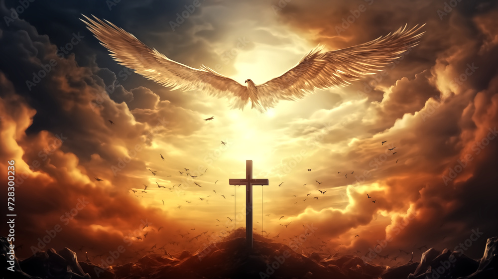 holy spirit and cross of jesus christ in the sky with clouds Stock ...