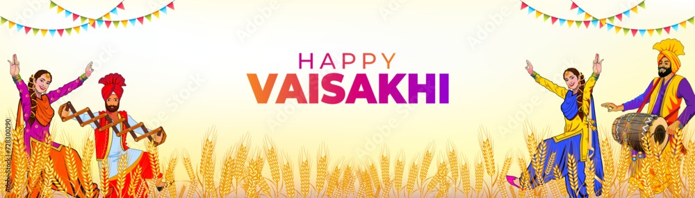 Happy Vaisakhi text with Indian Punjabi Sikh traditional harvest ...