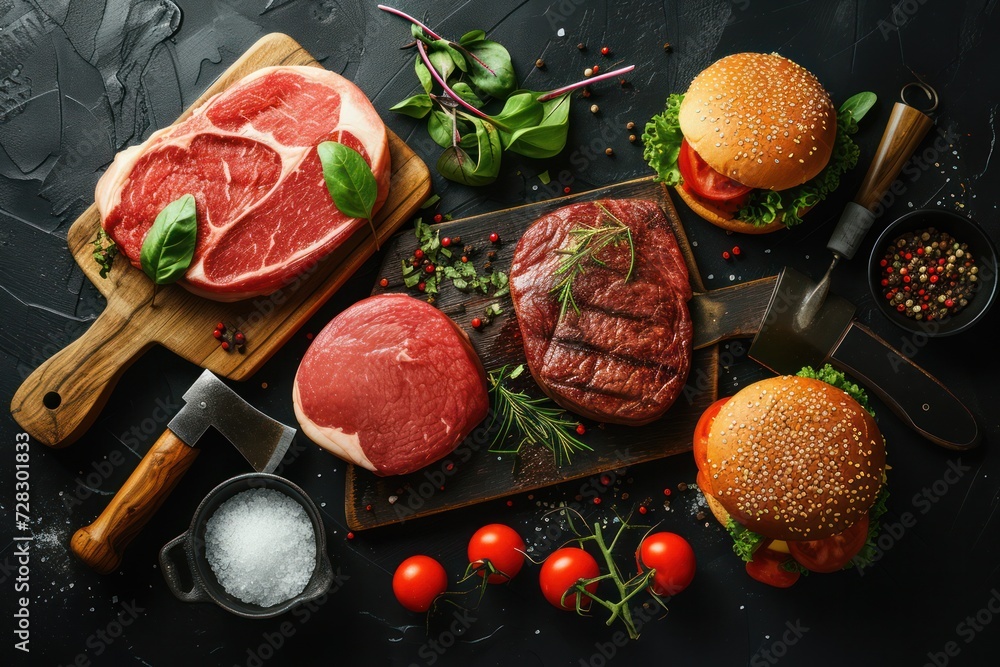 Top view of various kinds of raw meat such as a beef steak, a roast ...