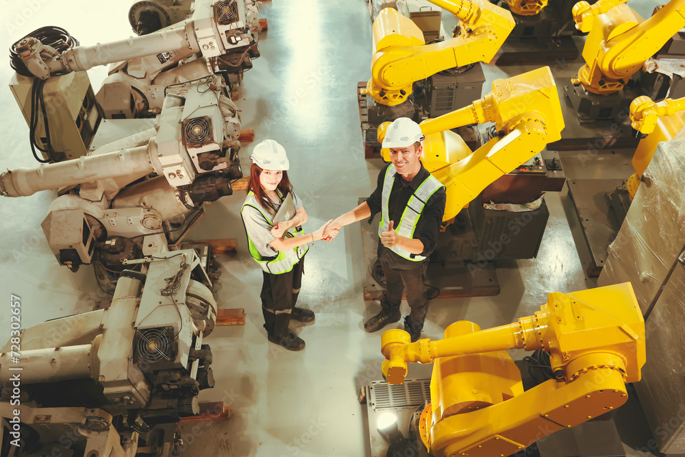 Top view Engineer mechanic electrician man and woman handshake working ...