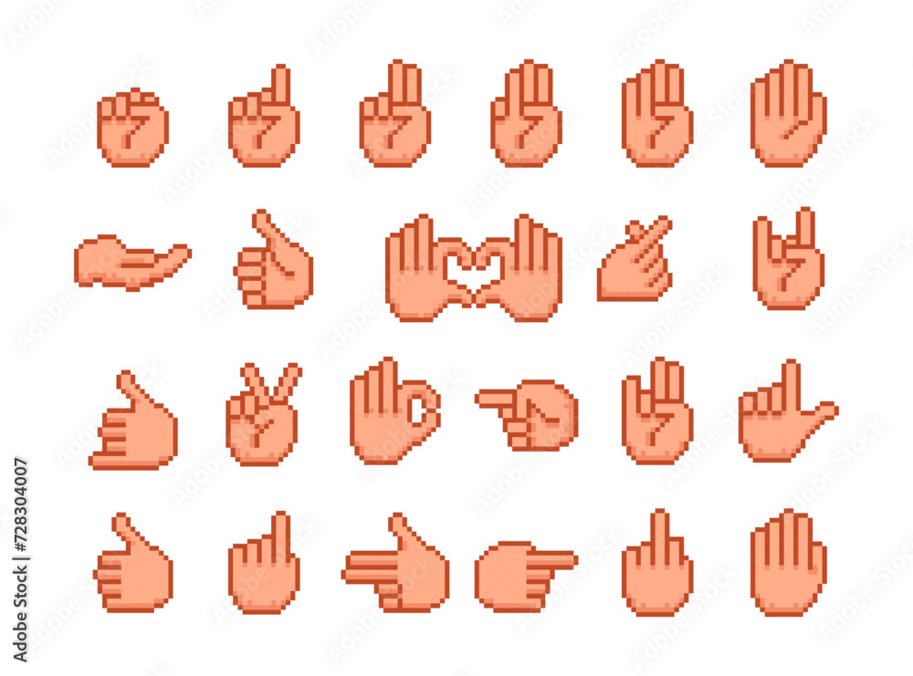Pixel hands gestures icons set. 8 bit pixel art hand. Stock Vector ...