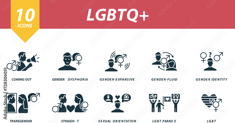 LGBTQ plus icons set. Creative icons: coming out, gender dysphoria ...