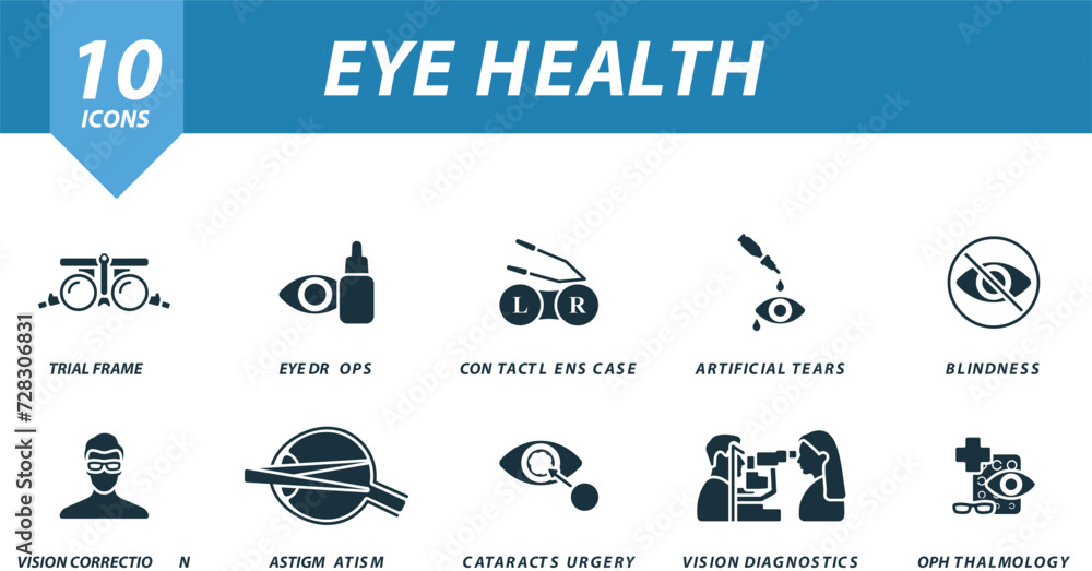 Eye health set. Creative icons: trial frame, eye drops, contact lens ...