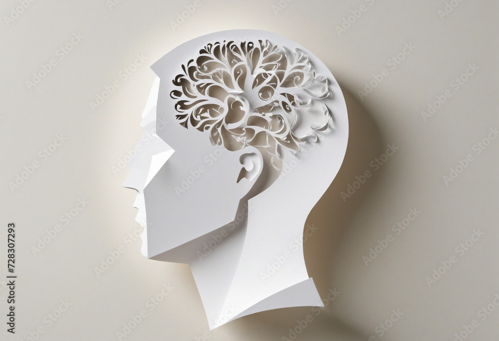 Papercut man silhouette with little character inside head in realistic ...