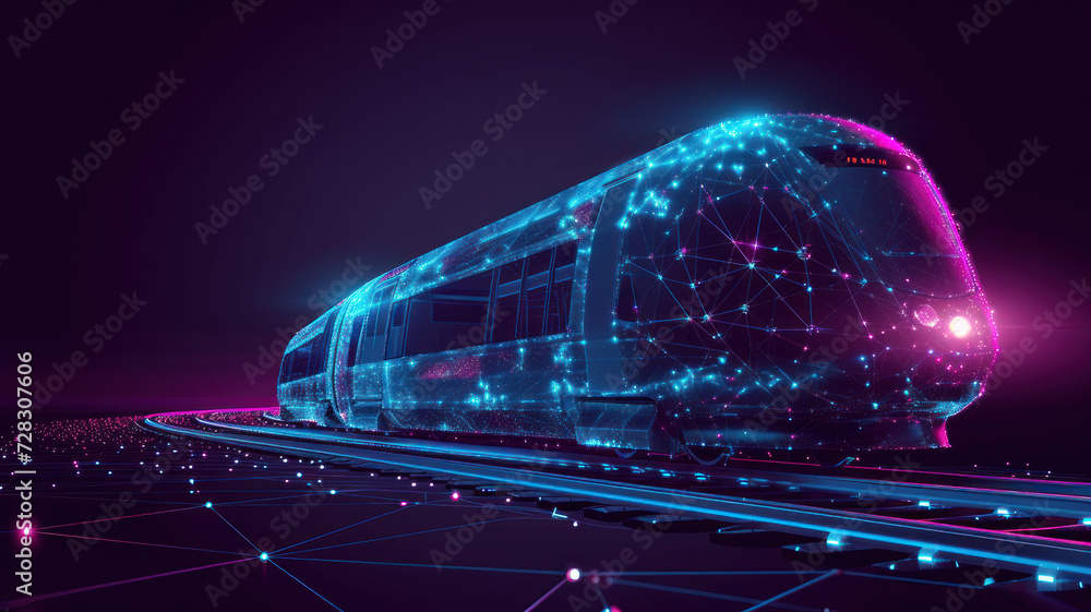Digital low poly wireframe futuristic high-speed train. Future logistics modern technology ...