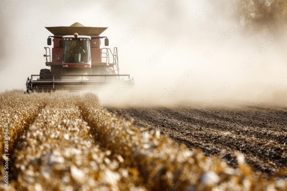 Dust rising from combine during crop harvesting, no-till technology ...