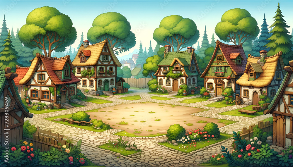 Storybook village square with inviting pathways and traditional country ...