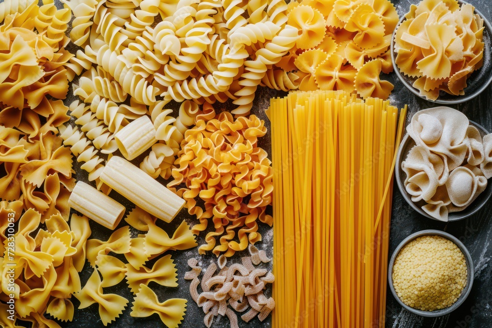 Layout of Italian raw pasta, top view, different types and shapes of ...