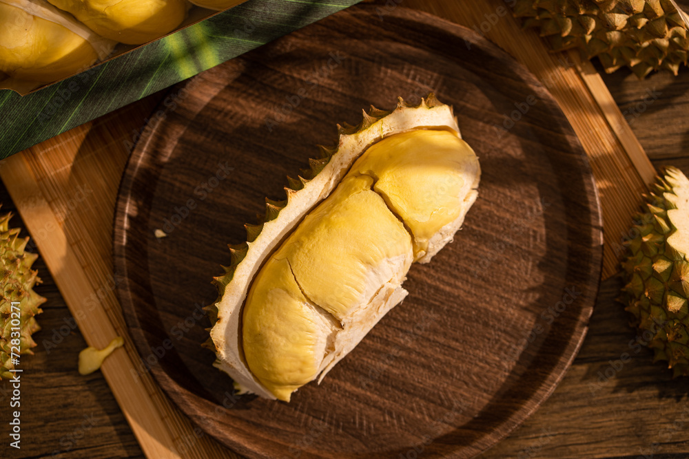 Ripe Durian special selectedcondition,on wood background. Durian fruit ...