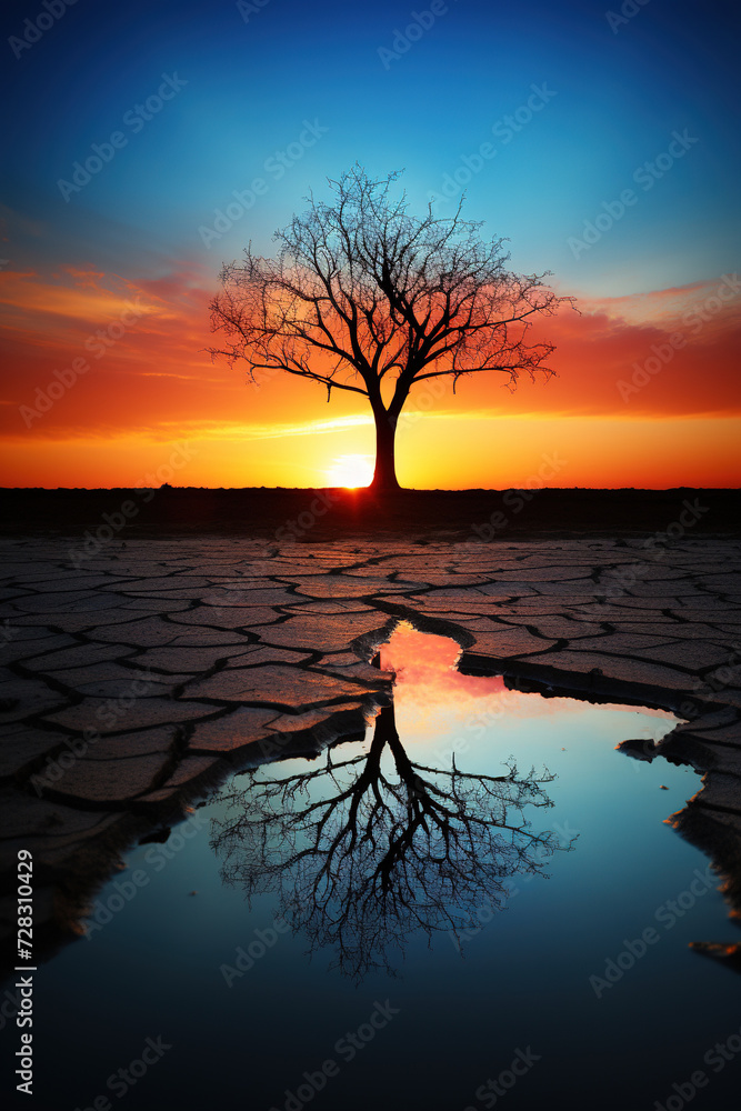 Vertical photo of a lone tree amidst the cracked earth at dusk in a ...