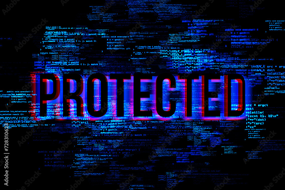 Bold 'PROTECTED' text over a secure code matrix background. Cyber ...