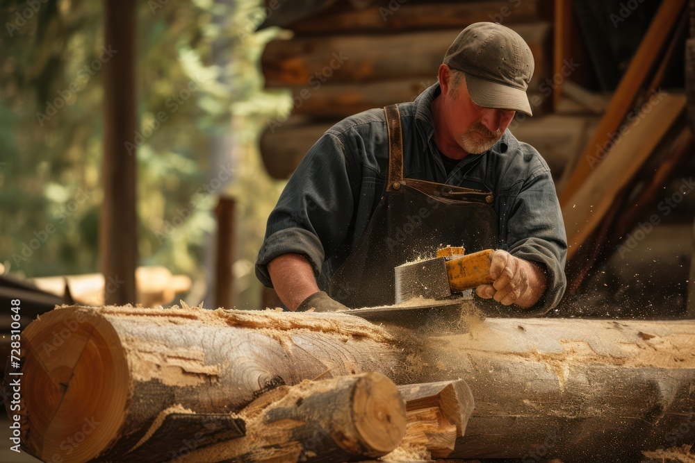 Mid adult builder grinding a log for a log cabin house. Stock Photo ...