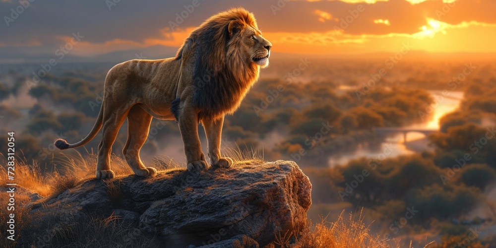 Lion King - A majestic lion stands on a rocky outcrop, looking out over ...