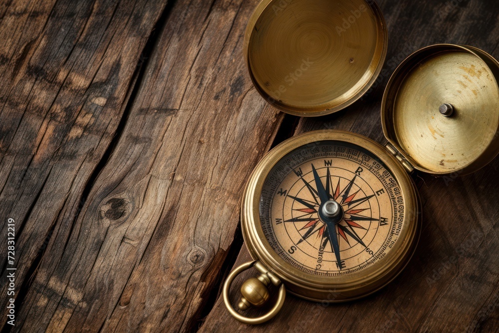 This is a close up photograph of a Antique Compasses on Old Wood Stock ...