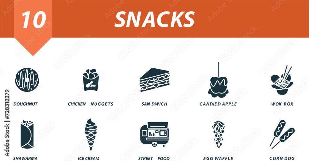 Snacks icons set. Creative icons: doughnut, chicken nuggets, sandwich ...