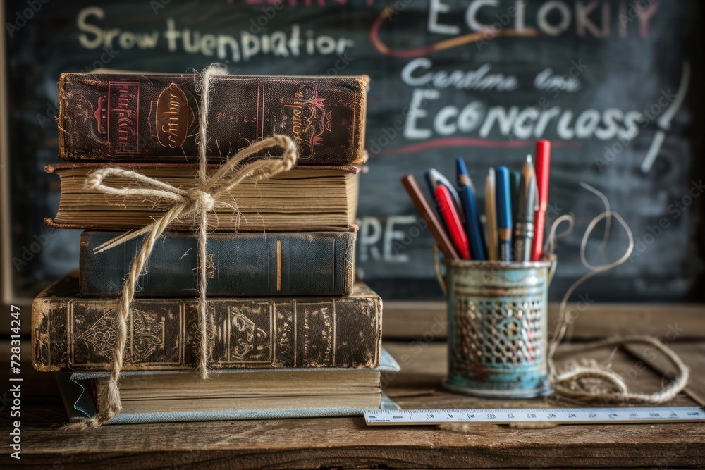 This is a photograph of old retro books held together with twine ...