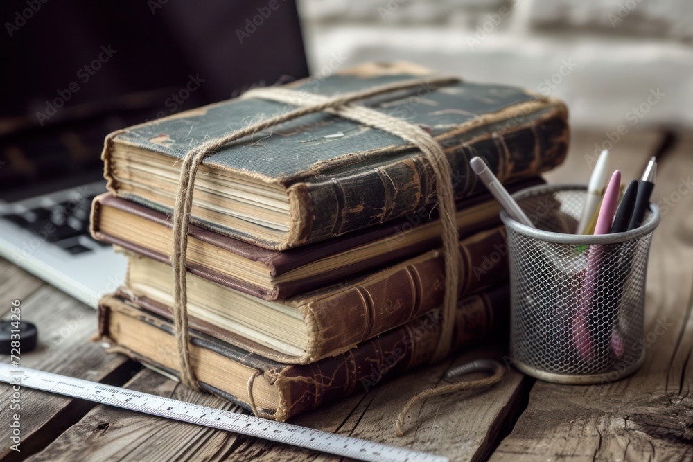 This is a photograph of old retro books held together with twine ...