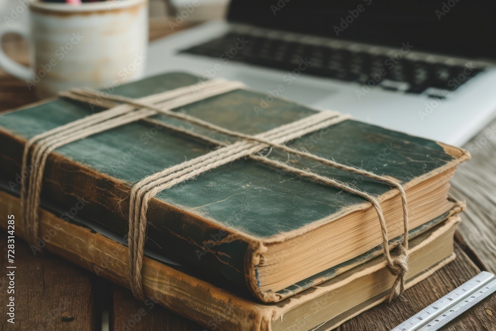 This is a photograph of old retro books held together with twine ...