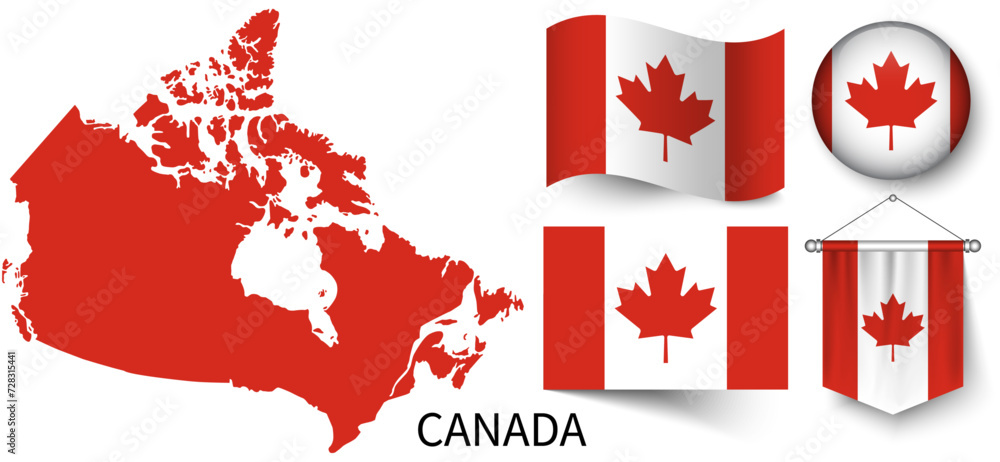 The various patterns of the Canada national flags and the map of the ...