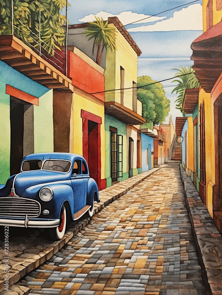 Cuban Vintage Car Art: Pathway Painting of Cars on Cobblestone Lanes ...