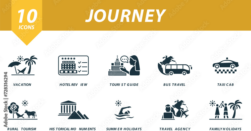 Journey icons set. Creative icons: vacation, hotel review, tourist ...