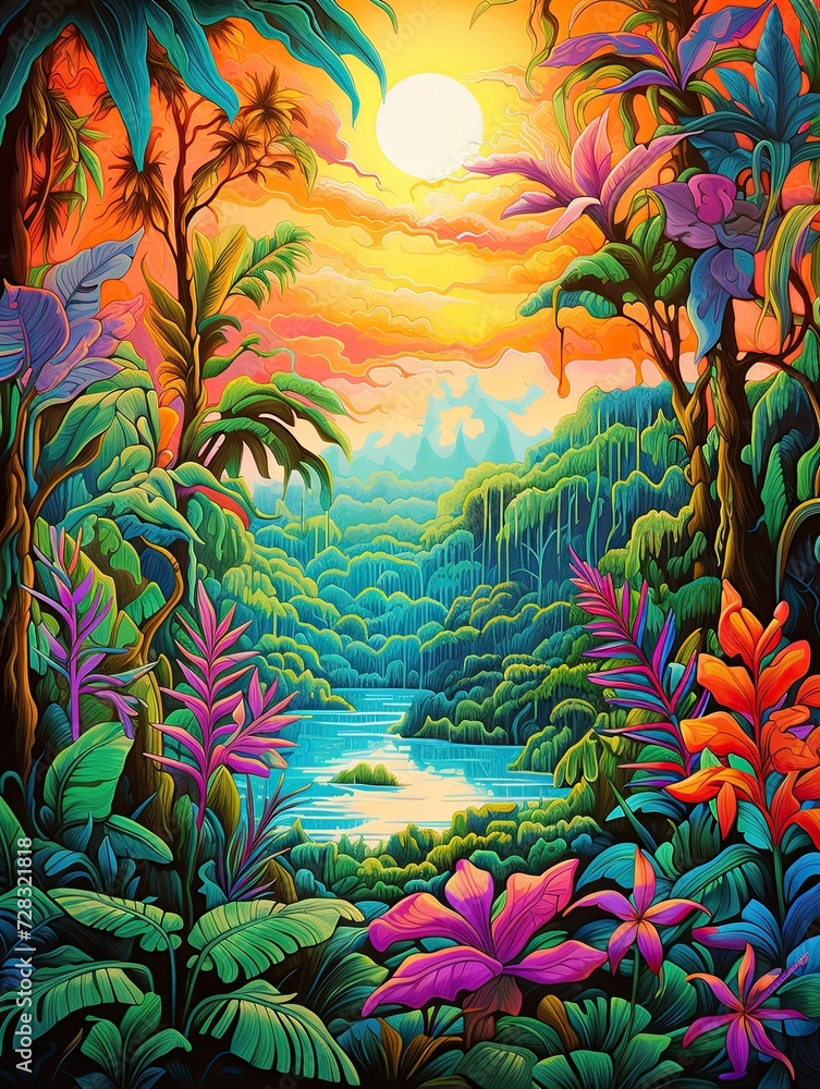 Psychedelic Jungle: Vibrant Patterns in a Groovy Rainforest Landscape ...