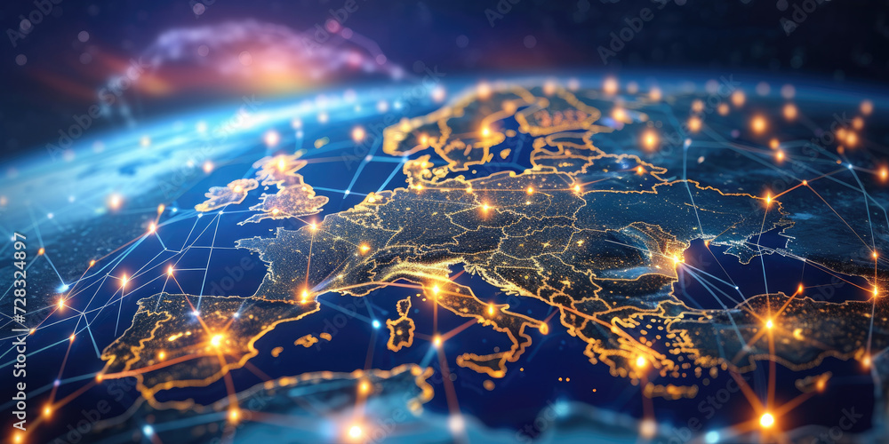 Blue abstract digital map of Europe with lines and dots. Suitable for ...