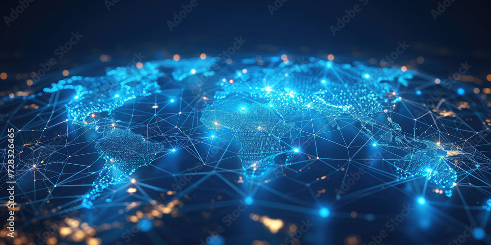 Blue abstract digital map of world map with lines and dots conected ...