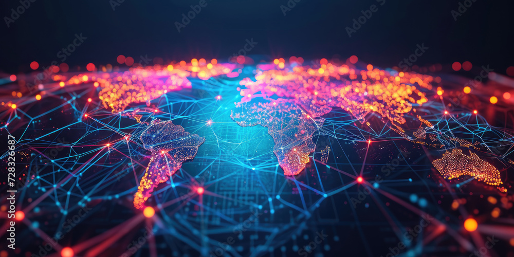 Blue abstract digital map of world map with lines and dots conected ...