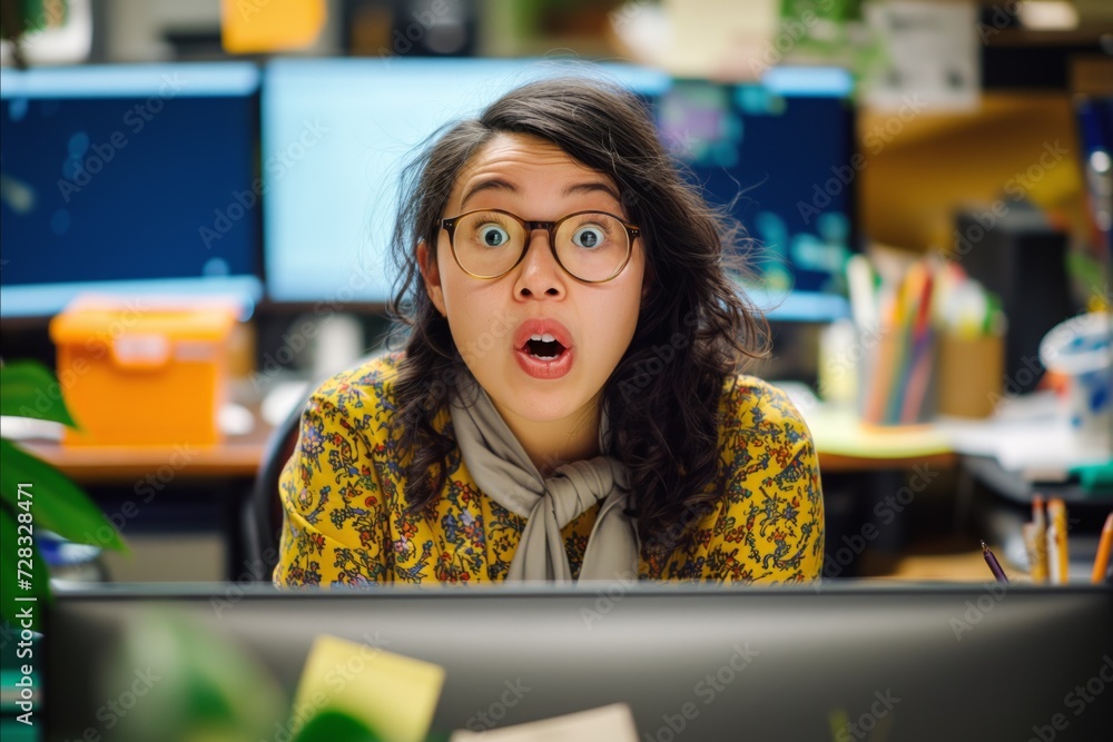 Office female worker discovers playful trick at workplace. Redhead ...