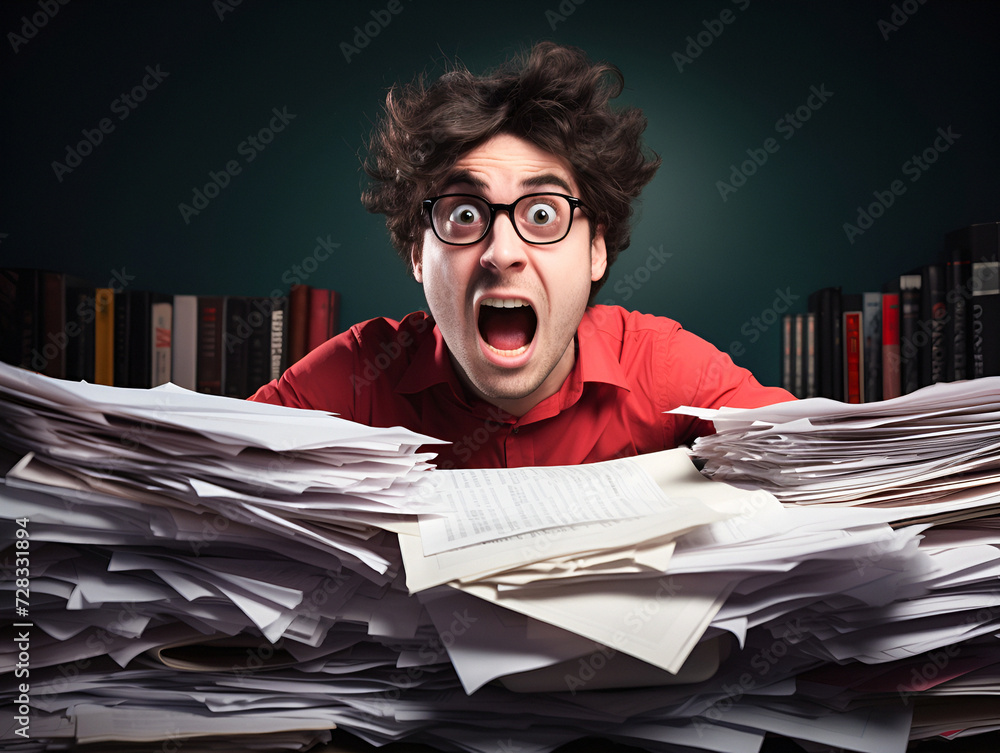 a tense young guy with glasses who has a busy day at work, he sits at ...