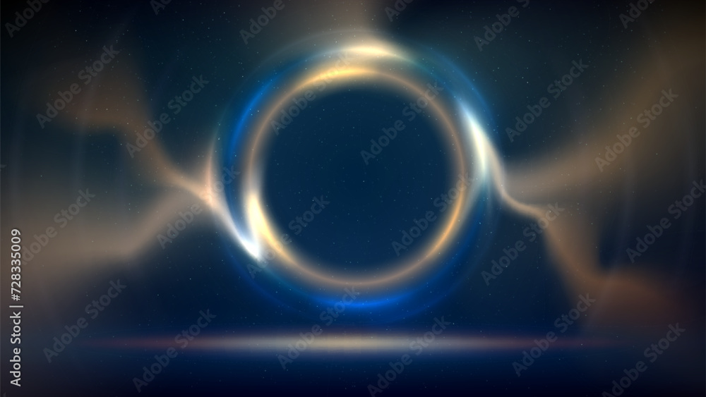 Stage with golden blue circular lighting background. Shining light ring ...