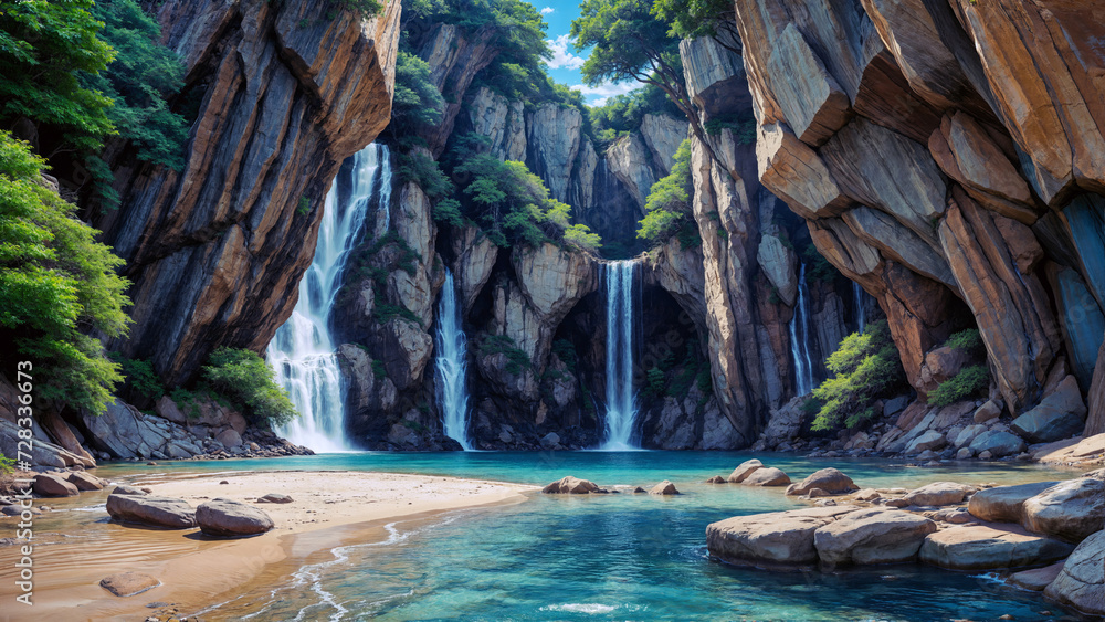 Breathtaking cascading waterfalls cove in a idyllic tropical island ...