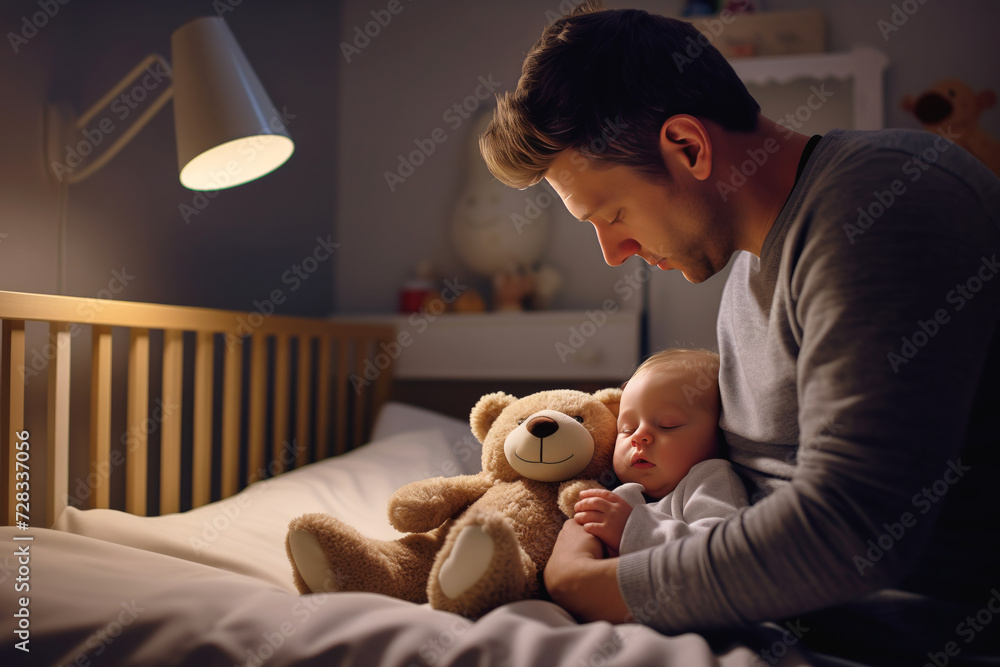 Anxious father repeatedly checks on sleeping in cot child. Man puts ...