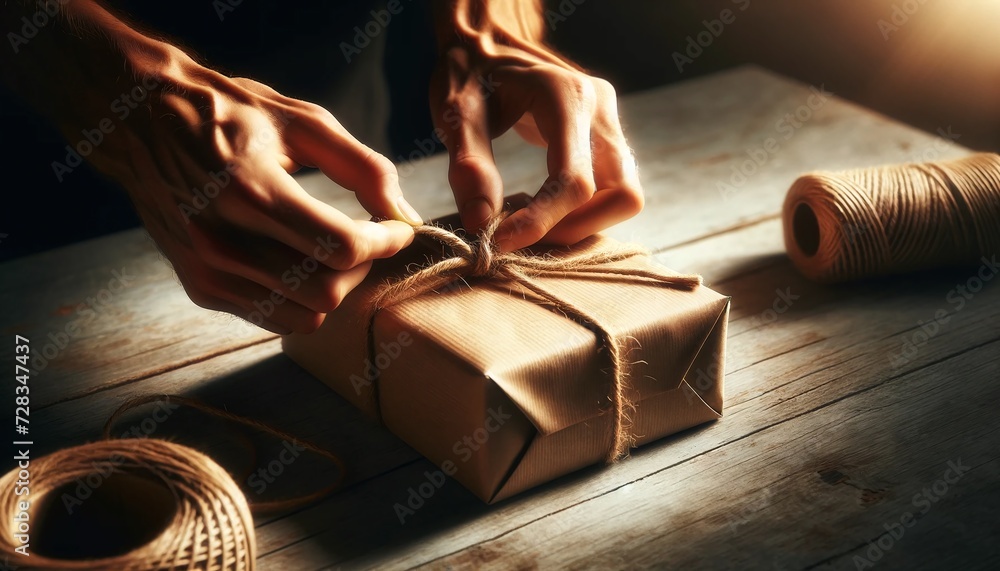 Zooming in on packaging with jute twine - Hands tying jute twine around ...