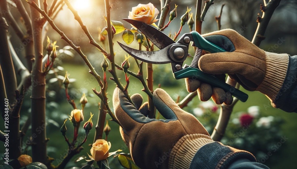 Zooming in on pruning a rose bush - Close-up of hands using sharp ...