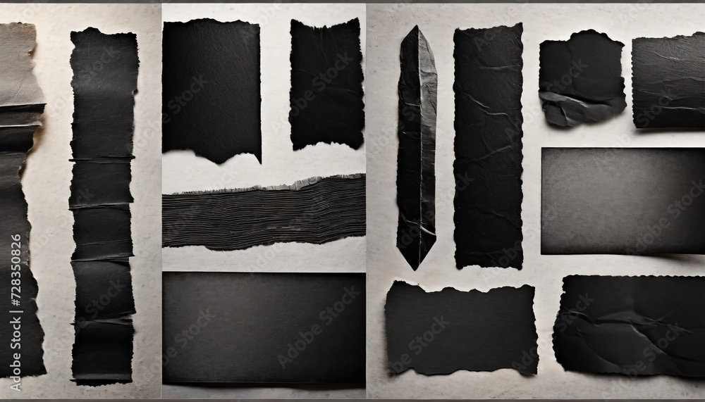 set collection of black ripped textured paper strips scraps and tape ...