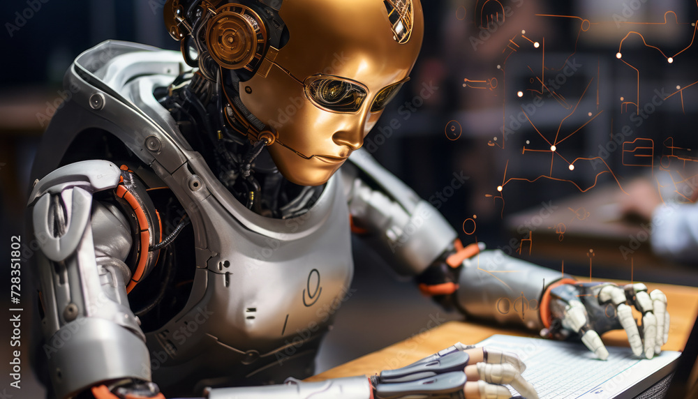 Advanced AI robot engaged in mathematics, attending a class with a ...