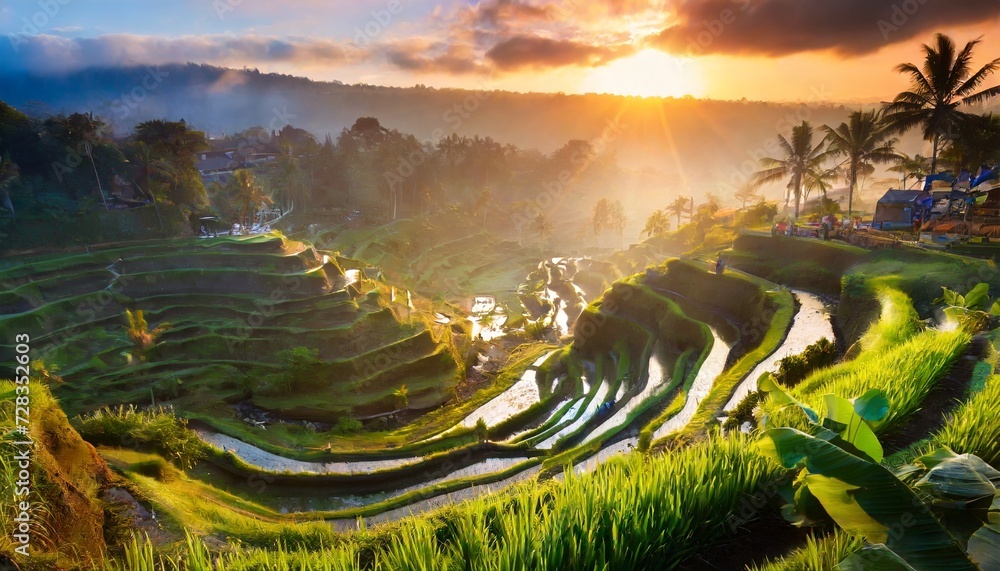 beautiful sunrise over famous balinese landmark tegalalang rice ...