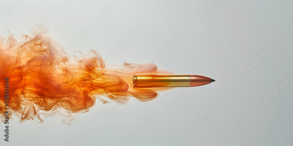 bullet is shot in the air with a glowing flame, slow motion, on white ...