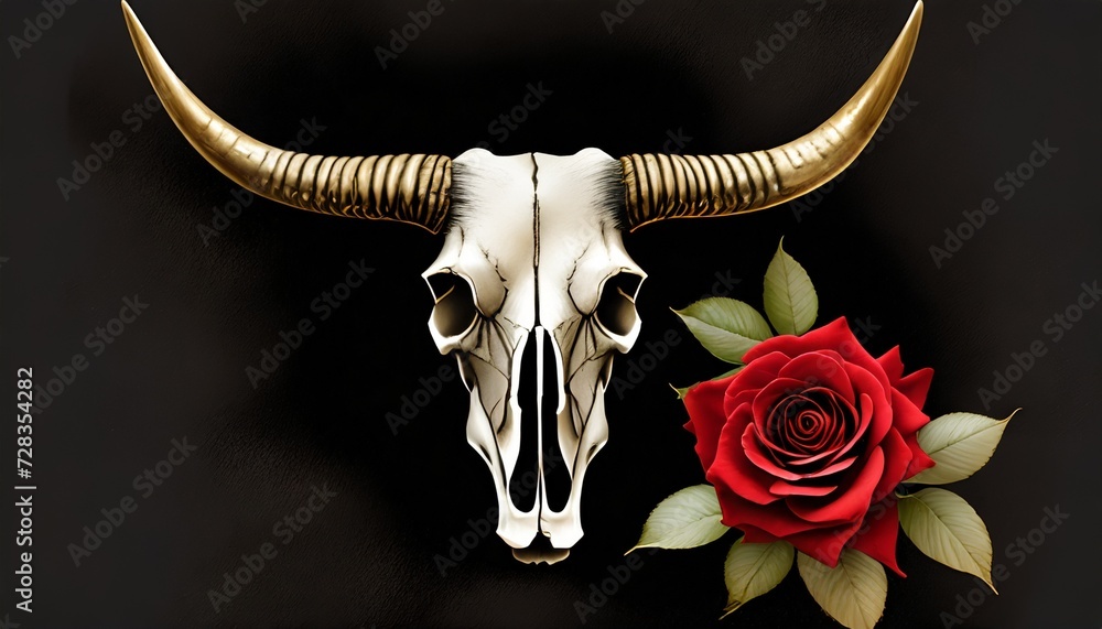 skull of a bull and a rose on black background digital art generative ...