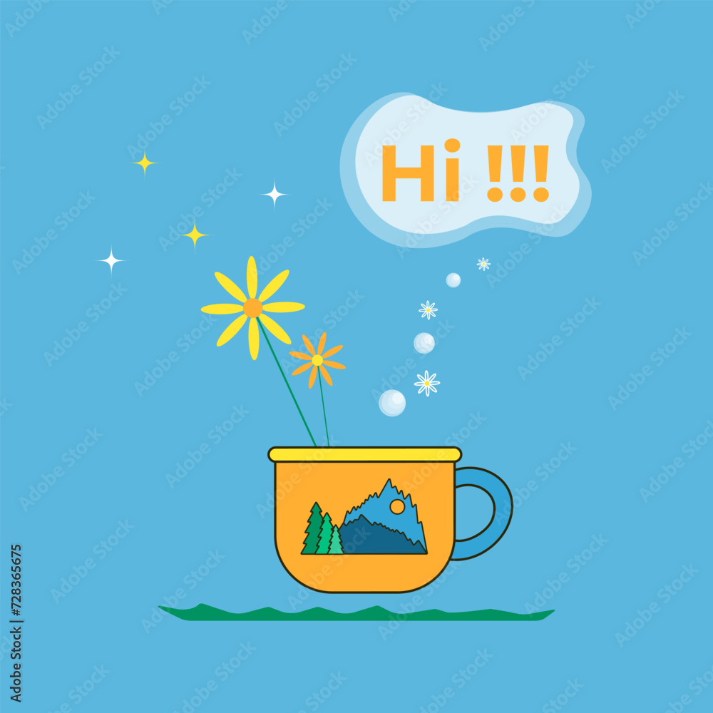 Cap with flowers and word Hi!!! Cartoon positive vector illustration ...