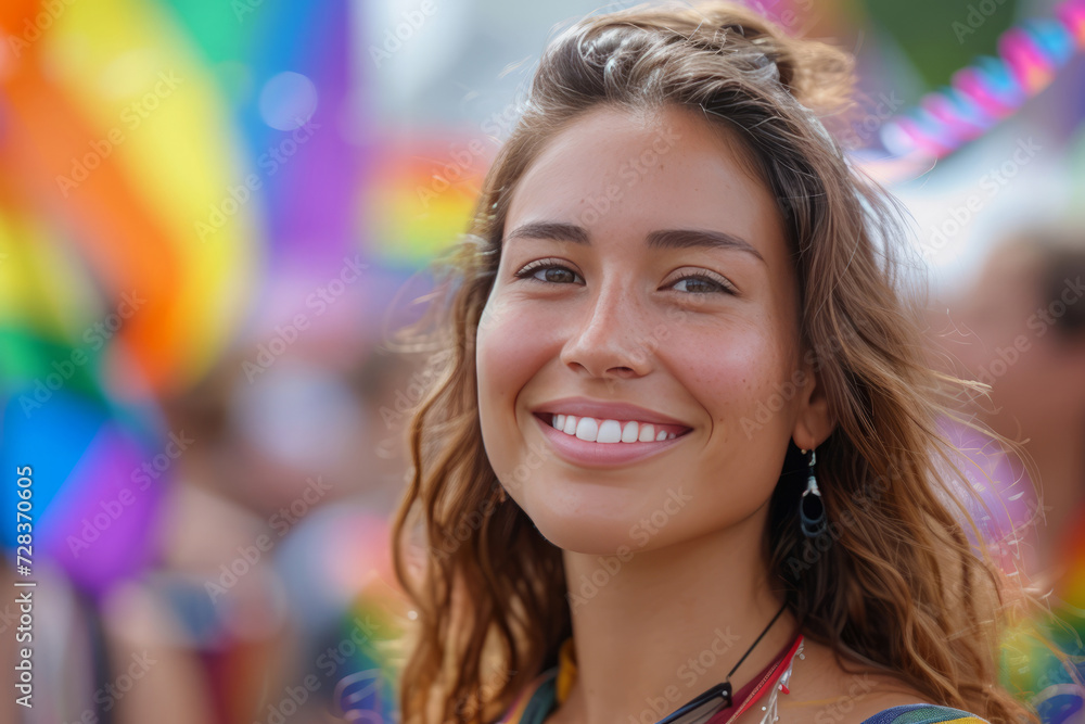 A portrait of a transgender woman proudly marching in a Pride parade ...