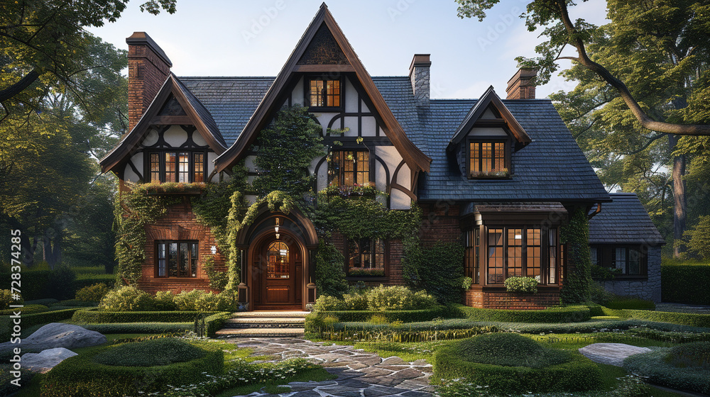 a Tudor-style home with half-timbered walls, steeply pitched roofs, and ...