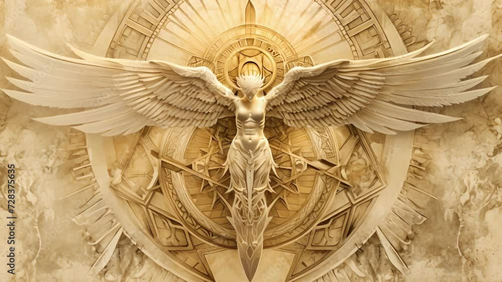 A zoomorphic angel with the body of a lion and the wings of an eagle ...