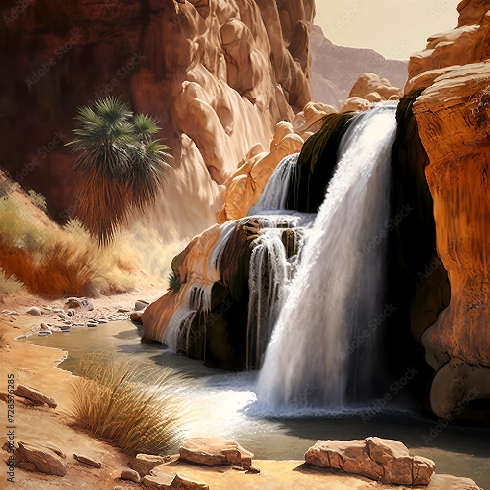 waterfall in the desert in a barren wasteland palm tree rocky highlands ...