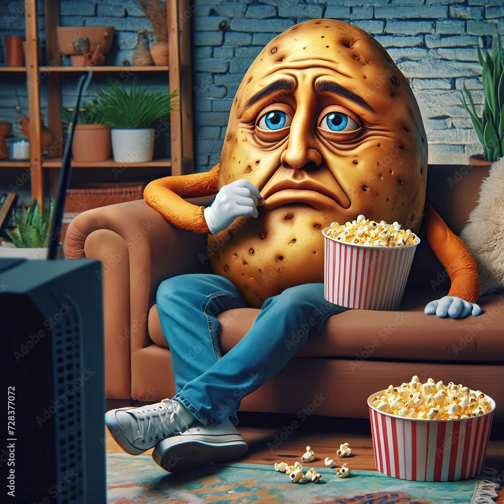 Illustration of a couch potato. A lazy demotivated couch potato sitting ...