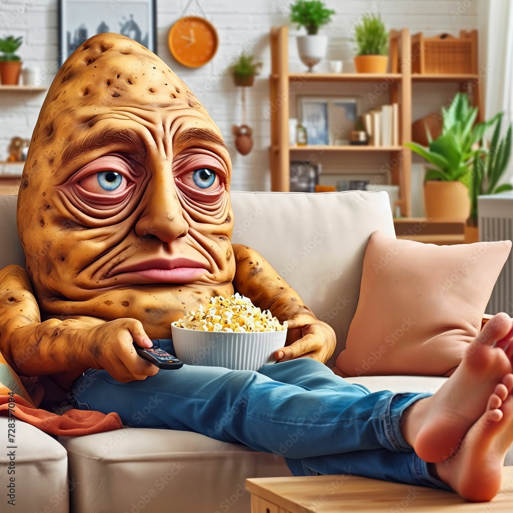 Illustration of a couch potato. A lazy demotivated couch potato sitting ...