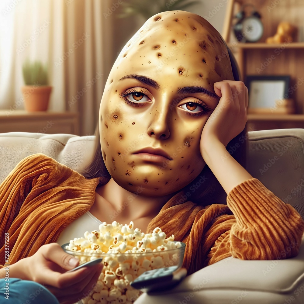 Illustration of a couch potato. A lazy demotivated couch potato sitting ...