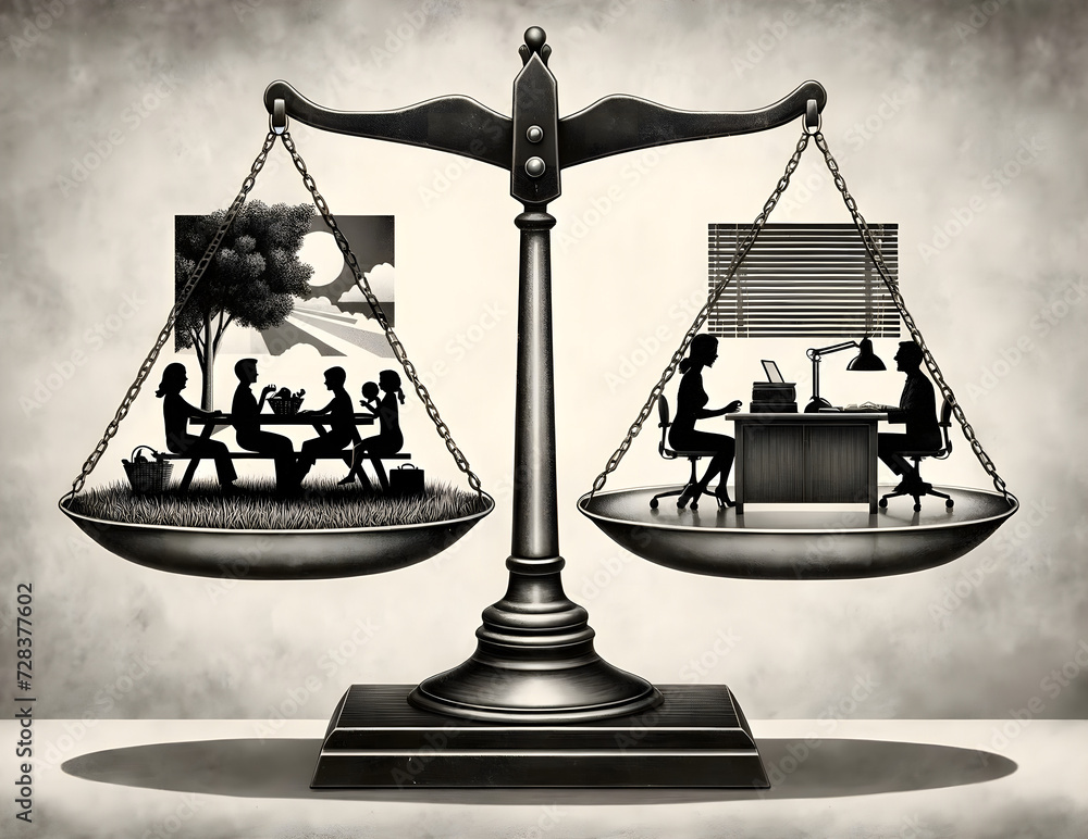 The scales balance work and family life, depicting the perennial ...